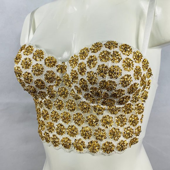 Crown Jewels | Tops | Gold Beaded On White Bra Crop Top Bustier Corset ...